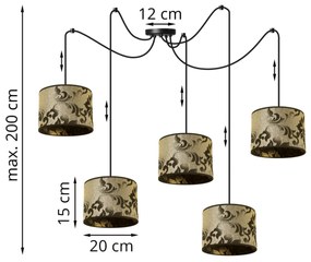 Závěsné svítidlo WERONA SPIDER 1, 5x černé/zlaté textilní stínítko se vzorem