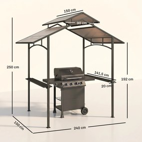 Outsunny Altánek na gril s ohnivzdornou střechou, BBQ altánek se 2 policemi, 2,5 x 1,5 m, ocelový, PC, Černá + Hnědá