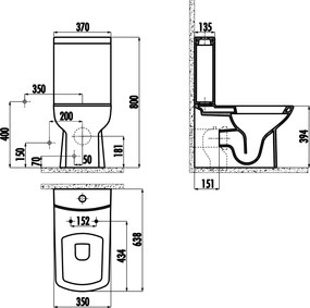 Sapho LARA WC kombi, spodní/zadní odpad, včetně splachovacího mechanismu, černá mat LR360