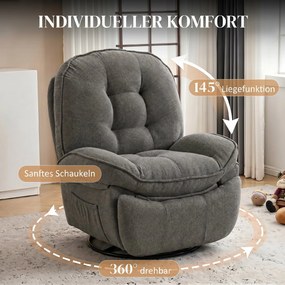 HOMCOM relaxační polohovací křeslo s otáčením 360° a houpáním, manuální chenille, široké sedadlo, vysoké opěradlo, opěrka nohou a boční kapsy, světle…