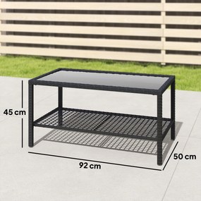 Outsunny ratanový zahradní odkládací stolek s policí, vrchní deskou z tvrzeného skla a ocelovým rámem — 92 x 50 x 45 cm, černý