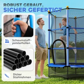 HOMCOM Dětský Trampolína Ø140 cm, Trampolína s Ochrannou Síťkou, Krytem Okrajů, Zahradní Trampolína pro Děti 3-10 Let, Do 50 kg, Modrá