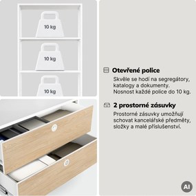 Regál se zásuvkami do kanceláře, na šanony a dokumenty, otevřené police, kovový, bílý/dub sonoma, 800x2200x400 mm: ARIEL Eco Design