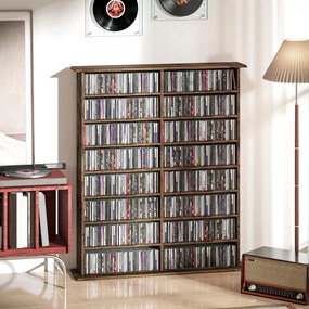 HOMCOM úložný prostor na CD a DVD s 16 přihrádkami a 12 nastavitelnými policemi, maximální kapacita 720 CD/396 DVD a Blu-ray, hnědá