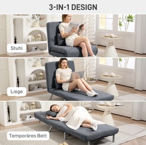 HOMCOM Čalouněné křeslo s funkcí postele, 3v1 design, sedací a spací křeslo, přistýlka pro hosty, látkový potah, s polštářem, tmavě šedá