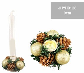Adventní svícen na vánoční svíčku, s šiškami a zlatými kuličkami Ø9cm