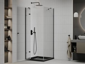 Mexen Roma, sprchový kout s 1-křídlými dveřmi 80 (dveře) x 80 (stěna) cm, 6mm čiré sklo, černý profil, slim sprchová vanička 5cm černá s černým sifonem, 854-080-080-70-00-4070B