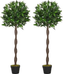 Sada 2 umělých vavřínových stromů Outsunny, 120 cm umělé rostliny v cementových květináčích, interiérové rostliny, umělé rostliny pro interiér a exter