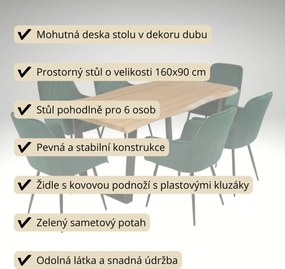 Vikio Jídelní set pro 6 osob 160x90 cm dub noha U zelená židle s područkami VJS166-6Z