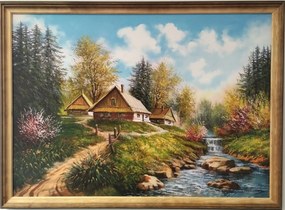 Bondecor Obraz "Potok - v dřevěném frézovaném rámu, 70x50cm