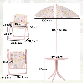 Dětský zahradní set AIYAPLAY - 4dílný stůl a židle s nastavovatelným slunečníkem v designu duhy
