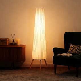 HOMCOM LED stojací lampa do obývacího pokoje stmívatelná dřevo s trojnožkou, stojací lampa s nožním spínačem, 46 x 153 cm, bílá