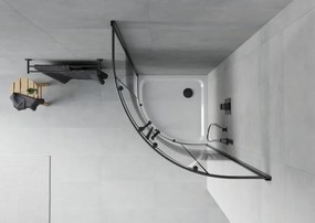 Mexen Rio, čtvrtkruhový sprchový kout s posuvnými dveřmi 90 (dveře) x 90 (dveře) x 190 cm, 5mm čiré sklo s pásky, černý profil + bílá sprchová vanička Slim, 863-090-090-70-20-411