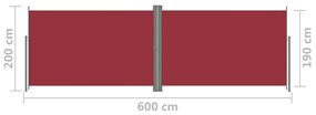 Zatahovací boční markýza červená 200 x 600 cm,  318011