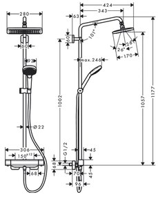 Hansgrohe Croma E Showerpipe - Sprchová baterie nástěnná termostatická, pevná sprcha + ruční sprcha, chrom 27630000