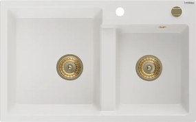 Mexen Tomas granitový dřez 2-komorový 800 x 500 mm, bílý, zlatý sifon - 6516802000-20-G