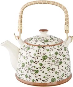 Porcelánová konvička se sítkem a zelenými květy - 18*14*12 cm / 700 ml