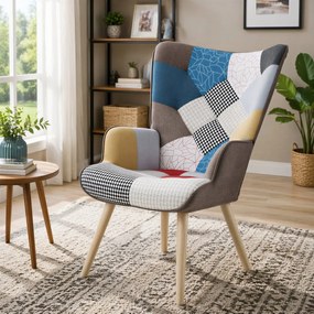 Relaxační křeslo ušák BETTY — masiv, látka, patchwork