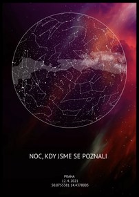 Plakát Hvězdná mapa vašeho životního okamžiku Velikost: A3 - 29,7x42 cm, Volba rámu: bez rámu, Vzhled: Červená hvězdná mlha