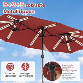 Costway Dvojitý slunečník s klikou a stojanem s 108 LED světly vínově červené