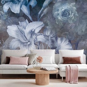 Fototapeta Květiny ve vintage stylu - velké bílé rostliny na tmavém pozadí modré