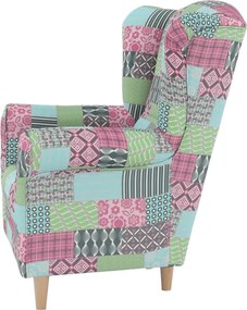 relaxační křeslo, ušák, dřevo/látka, nohy světlé/potah patchwork M1, Tempo Kondela CHARLOT