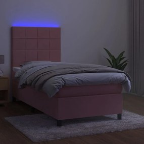 vidaXL Box spring postel s matrací a LED 100x200 cm samet [3136112] Barva: Růžová