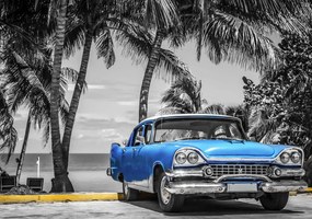 Postershop Fototapeta vliesová: Kuba modré auto u moře - 416x254 cm