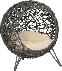 PawHut kočičí dům z ratanového materiálu s polštářem - místo pro spánek kočky, kočičí jeskyně se zvýšenými nohami stříbrné šedé barvy Ø52 x 58 cm | Ao