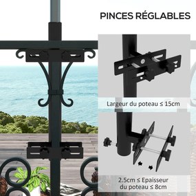 Držák slunečníku Outsunny na balkon s nastavitelnými svorkami pro zábradlí, podporuje slunečníky s průměrem 48 mm a 38 mm, 21x14x58 cm, černý kov | Ao