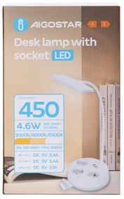 Aigostar - LED Stmívatelná stolní lampa se zásuvkami a USB LED/4,6W/230V bílá