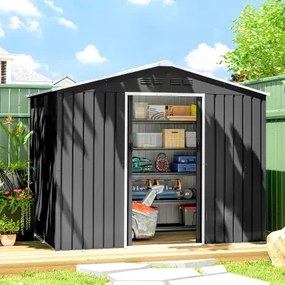 Outsunny kovový zahradní domek 3,6 m², sklad nářadí se sedlovou střechou, větrací otvory, uzamykatelné posuvné dveře, rukavice