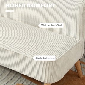 HOMCOM Moderní dvoumístná pohovka bez opěrky se sametovým vzhledem, malá pohovka s dřevěnými nohami, 117 x 56,5 x 77 cm, Krémová