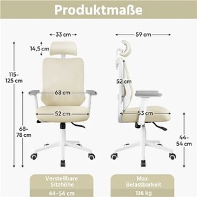 Kancelářská židle Yaheetech – béžová, 70 cm (délka) × 59 cm (šířka) × 115 cm - 125 cm (výška) (267591664650)