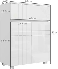 Kleankin volně stojící koupelnová skříňka s 2 dveřmi, 1 šuplíkem, nastavitelnou policí, leskle bílá, 60Š x 30H x 80V cm | Aosom