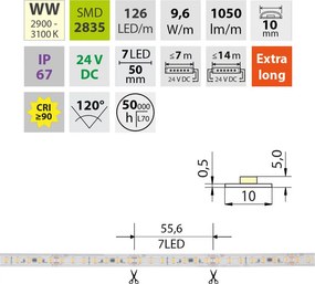 MCLED sestava LED pásek do sauny WW 3m + kabel + trafo + stmívání