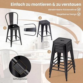 Costway Sada 4 kovových barových židlí, ergonomická barová židle s odnímatelným