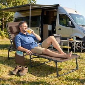 Polohovatelné křeslo, skládací lehátko s polštářkem pod krk, ocelový rám, potah ze síťoviny, nosnost 120 kg, hnědá barva