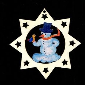 AMADEA Dřevěná ozdoba barevná hvězda se sněhulákem 6 cm