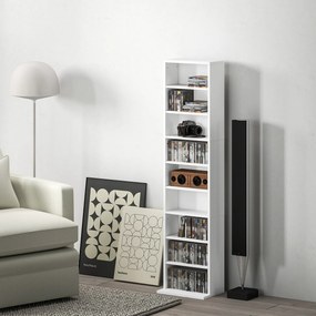 HOMCOM CD a DVD regál s 9 přihrádkami, úzký s nastavitelými policemi pro obývací pokoj a kancelář 33x24x140 cm Bílý