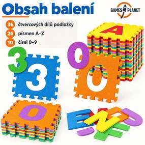 Pěnové puzzle na zem 3,6 m², 36 dílů, písmena a čísla