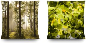 Dekorační foto polštářek Les a listy prozářené paprsky, 45x45cm, CN3611