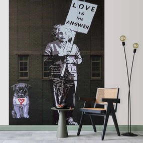 Fototapeta Love is the answer - graffiti s Einsteinem a pejskem na hnědém pozadí