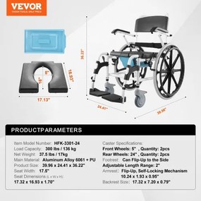 Sprchový invalidní vozík 44,5 cm koupelnový z Al slitiny pro tělesně postižené
