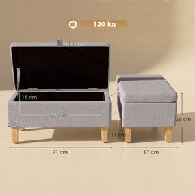 HOMCOM Lavice s úložným prostorem v lněném vzhledu, čalouněný podnožník s nohami z gumovníkového dřeva, úložný box, světle šedý