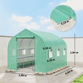 Outsunny tunelový skleník 6 m² s policemi, 198 x 293 x 194 cm — pozinkovaný rám, navíjecí dveře, 6 síťovaných oken, PE potah 140 g/m² — zelený