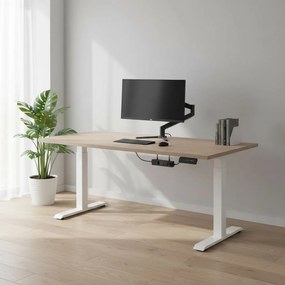 Výškově nastavitelný stůl OfficeTech D, 180 x 80 cm, bílá podnož, dub