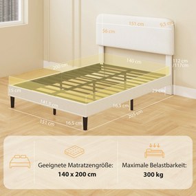HOMCOM čalouněná postel 140 x 200 cm s polstrovaným čelem z teddy fleecu — kovový rám, bílá