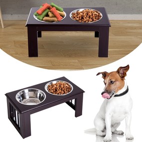 PawHut Vyvýšená miska pro psy s nerezovými miskami, miska na krmivo z MDF v barvě kávy, 58,4 x 30,5 x 25,4 cm, ideální pro domácí zvířata | Aosom.de