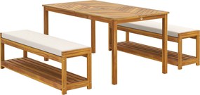 3dílná sada zahradního nábytku, sedací souprava včetně 1 jídelního stolu s otvorem pro slunečník, 2 lavice 150 x 85 x 75 cm teakové dřevo
